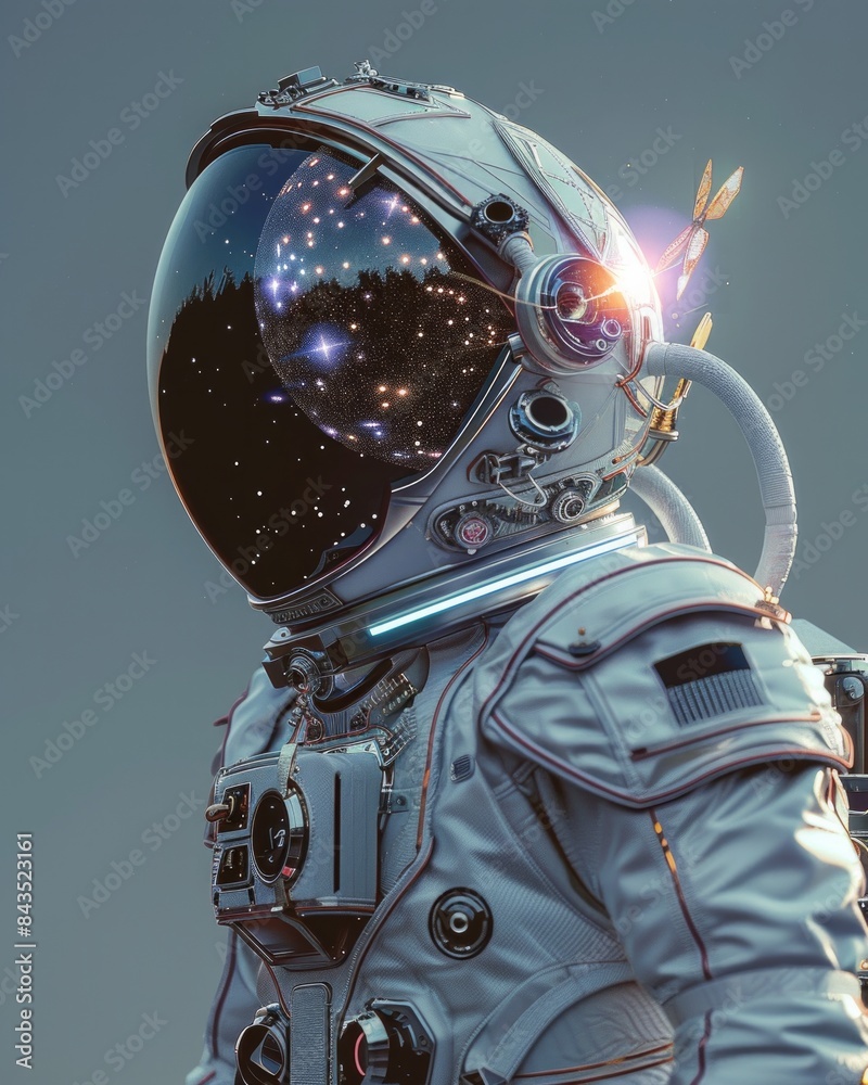 An astronaut in a detailed spacesuit with a helmet reflecting a starry ...