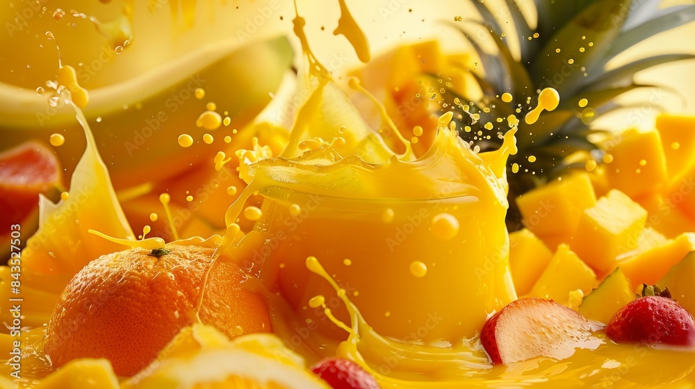Fruit burst with juice splashes featuring tropical fruits like orange ...