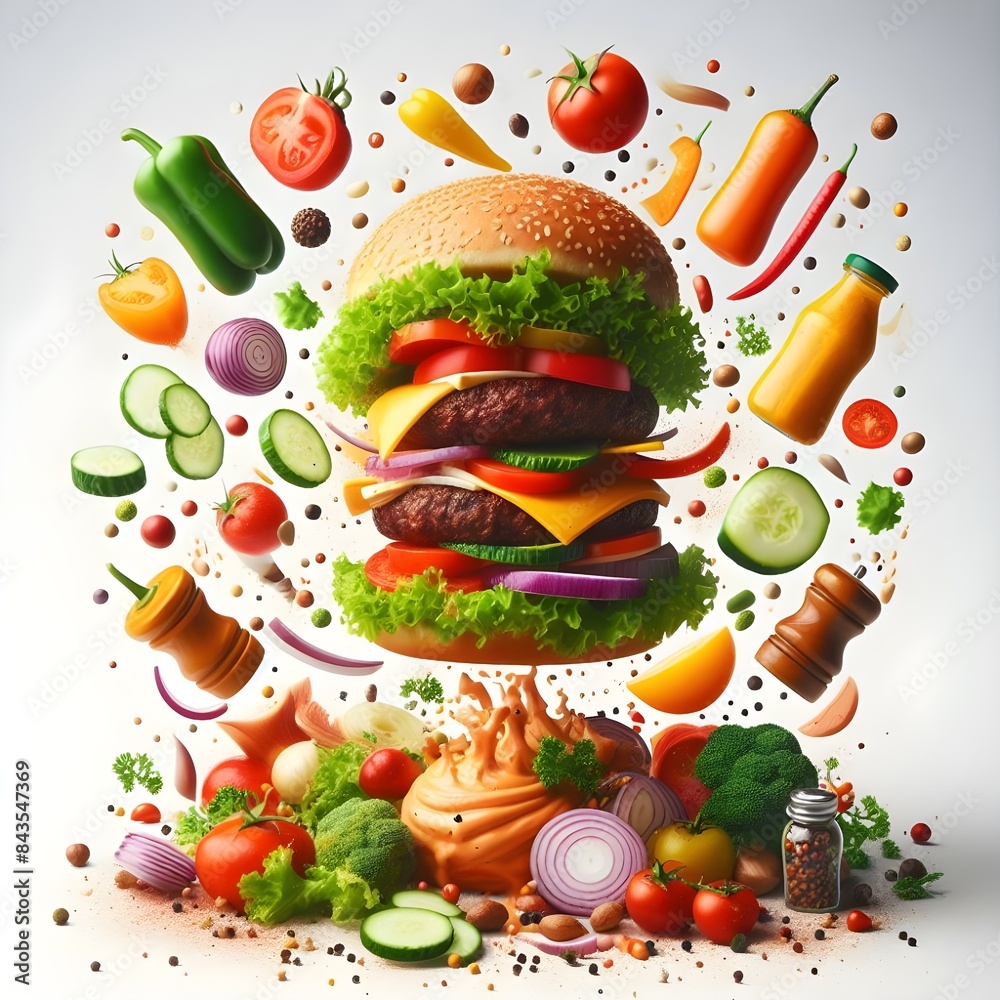 Food photo of Burgers falling flying in the air isolated on white ...