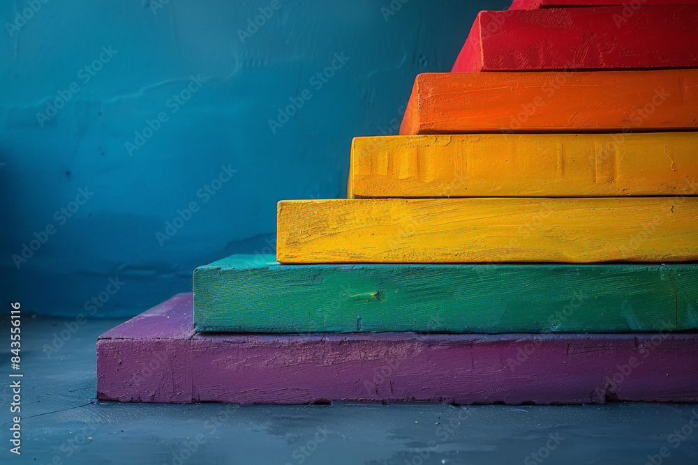 Rainbow colored wooden blocks stacked against blue wall, wallpaper ...