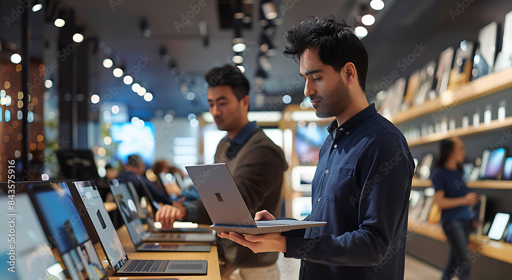 man standing electronic store holding Surface Pro looking while doing ...