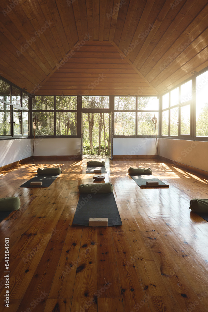 Modern studio for yoga meditation practices background with mats on ...