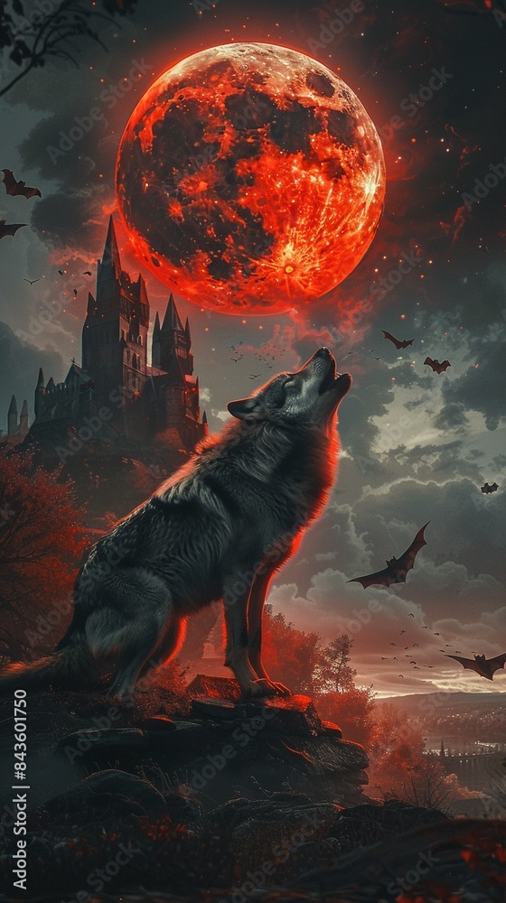 Stock-Illustration „Dramatic scene with howling wolf, full red moon ...