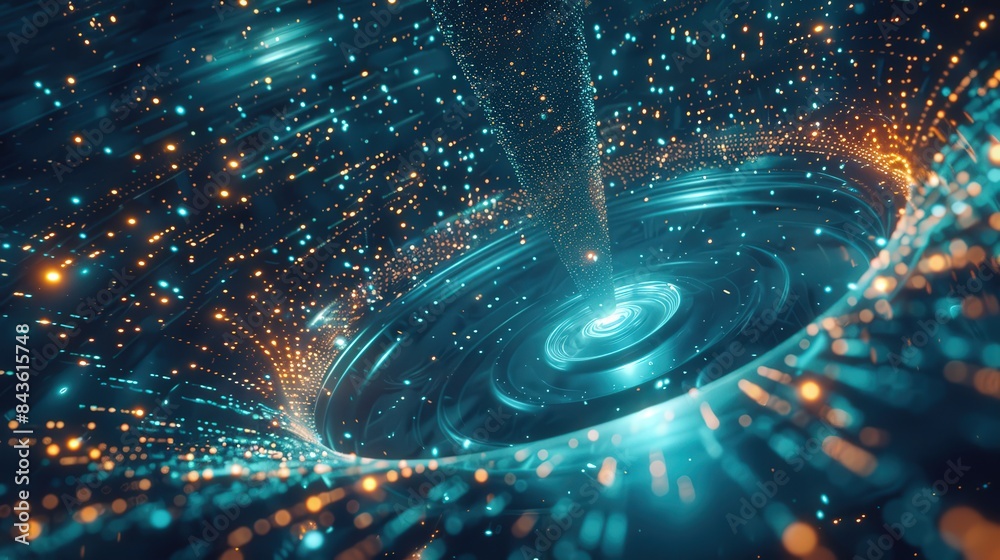 A massive digital funnel resembling a cyclone of cyber data ...