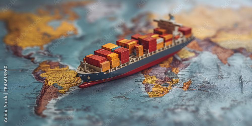Container Ship Navigating Across World Map Highlighting Global Shipping ...