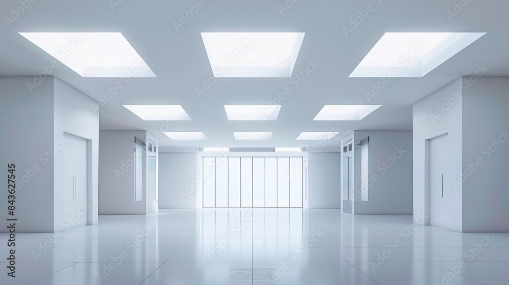 minimalist empty white room interior with embedded square ceiling lamps ...