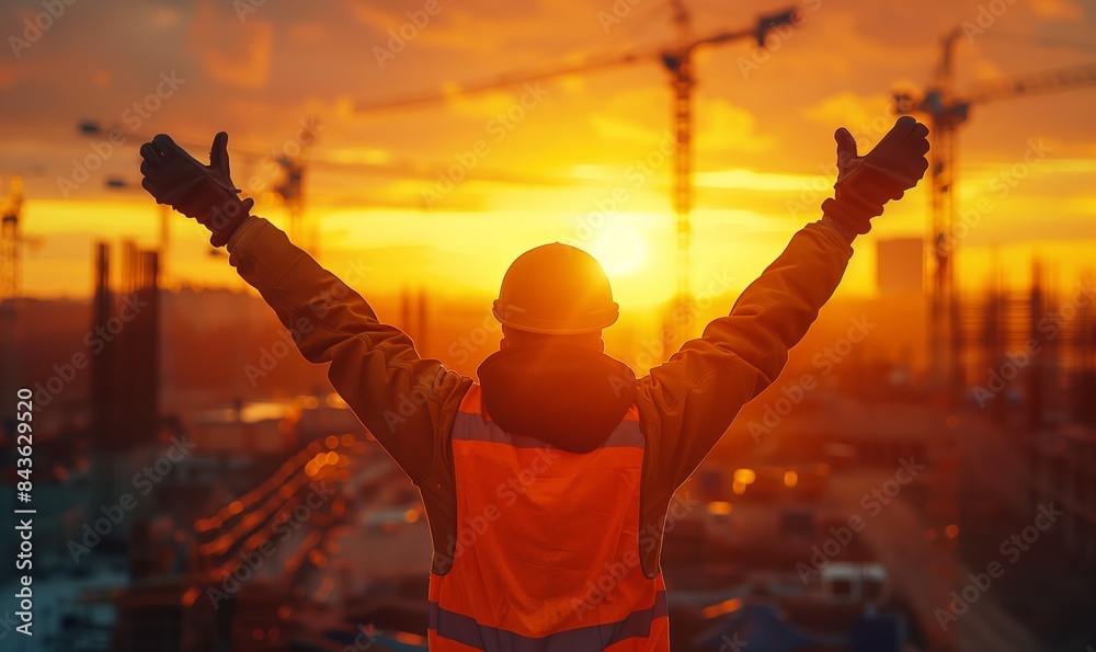 Silhouette back of engineer or builder man raise hands up look like ...