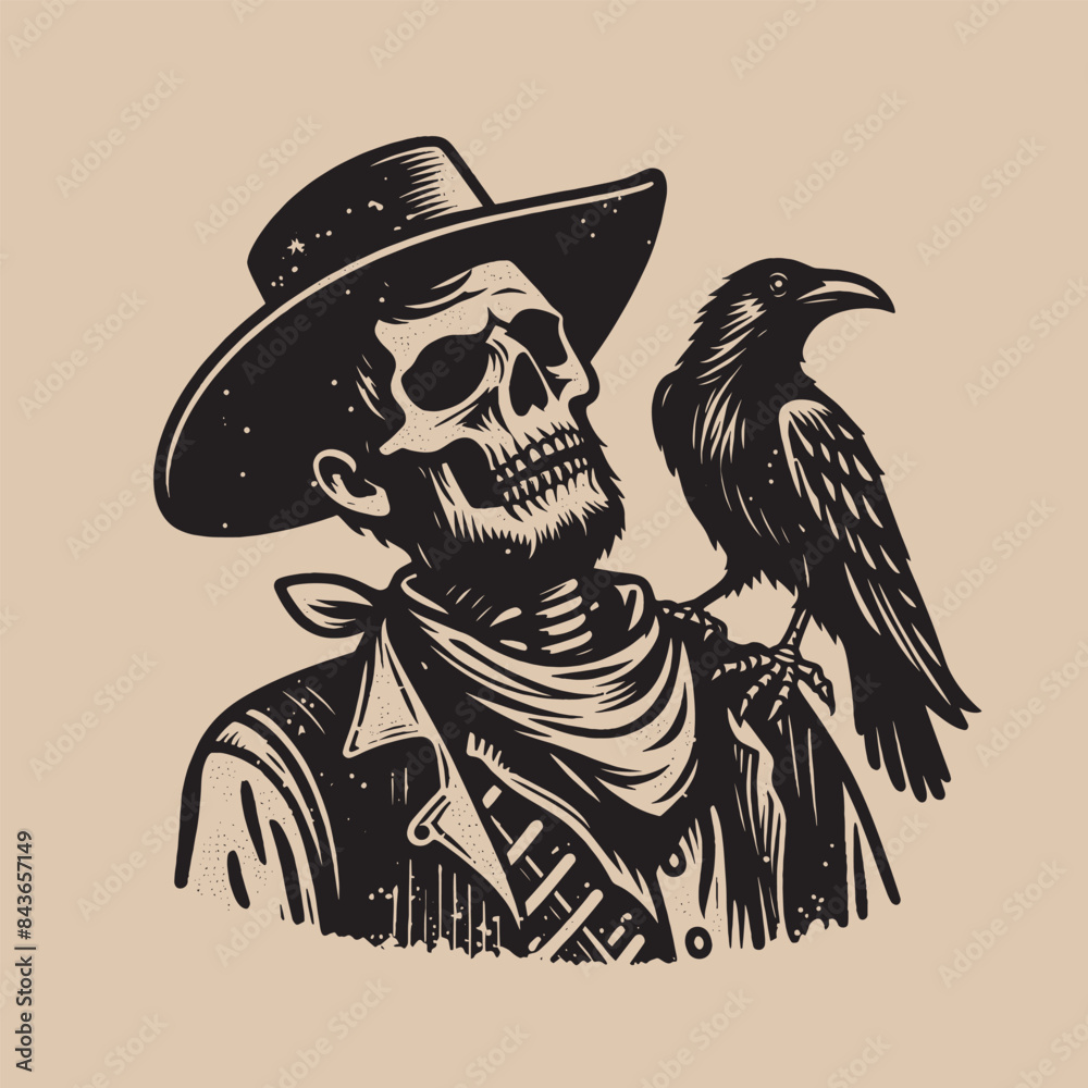 Dead cowboy with a raven on his shoulder. Vintage vector engraving ...