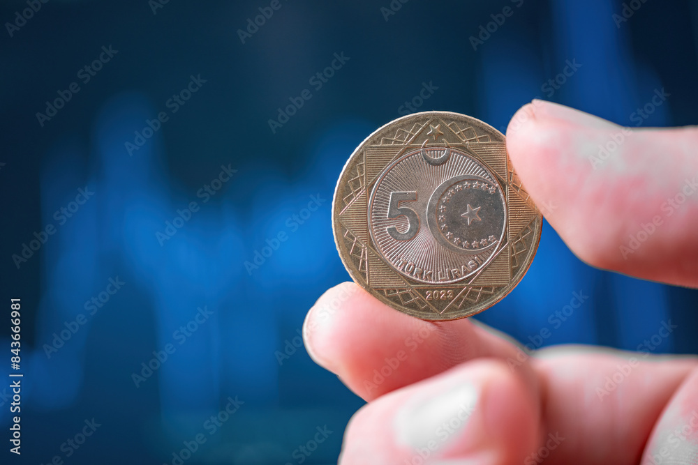 Hand holding a 5 Turkish Lira coin in front of a screen with financial ...