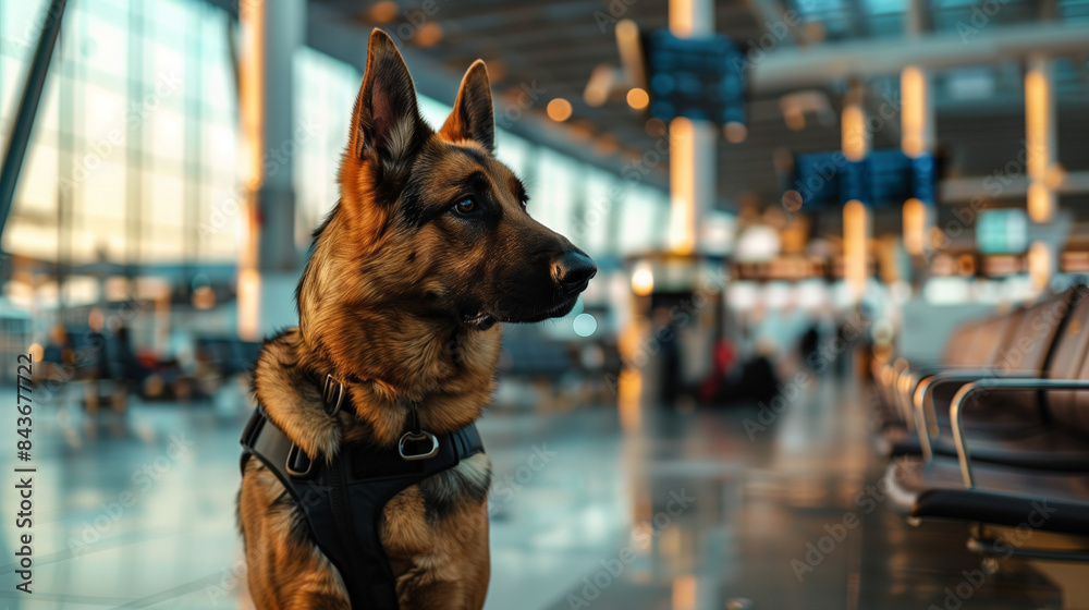 A police dog on full alert, patrolling a large city airport, ready to ...