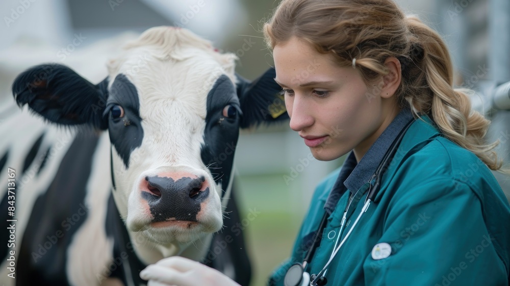 A dedicated veterinarian examines a cow in a modern farm setting, using ...