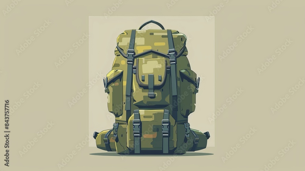 Tactical backpack, flat design, front view, military gear theme ...