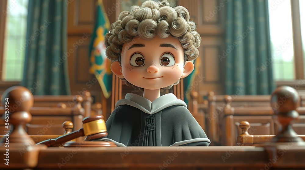 A child in a judges robe, with a gavel and wig, standing behind a ...