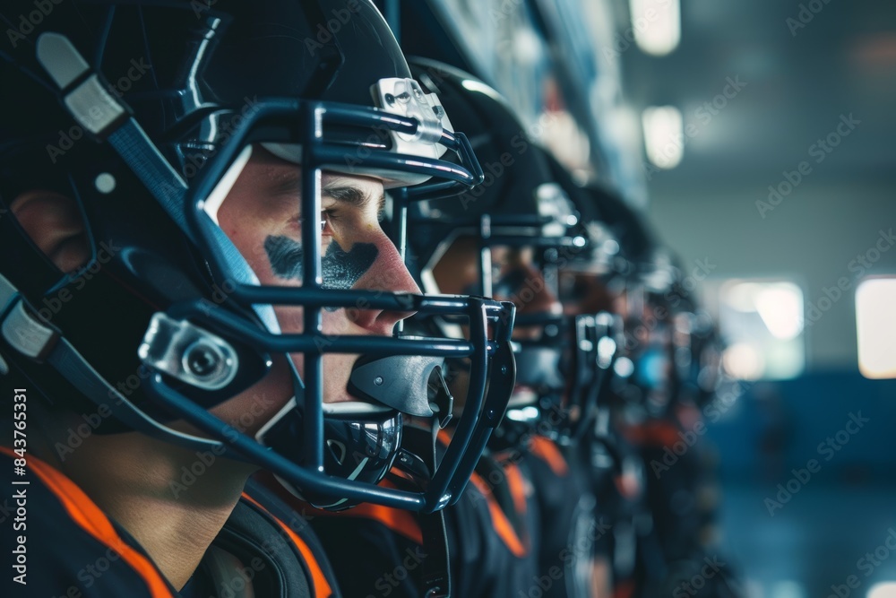 Pre-Game Focus: Athletes in Locker Room Wearing Mouthguards and Helmets ...