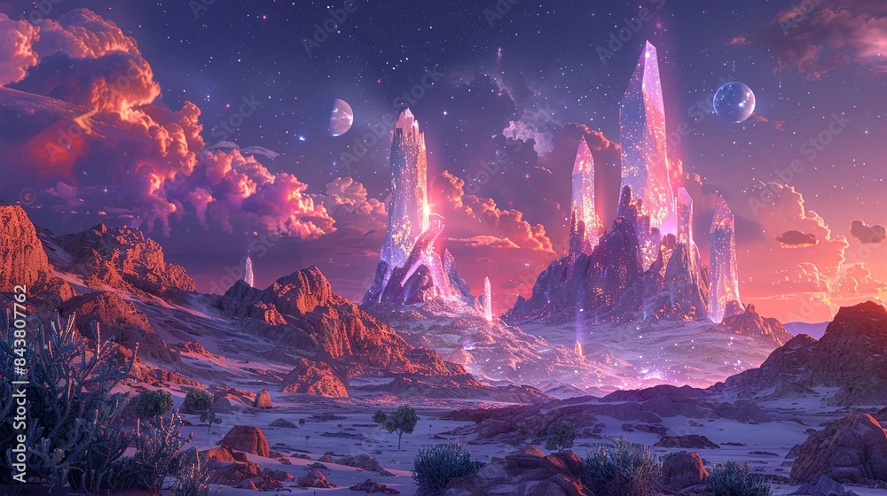 An alien desert landscape with towering crystalline formations ...