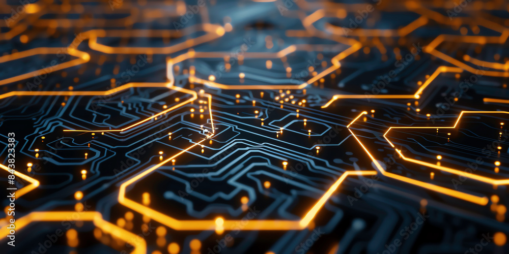 Futuristic close-up of an illuminated printed circuit board with ...