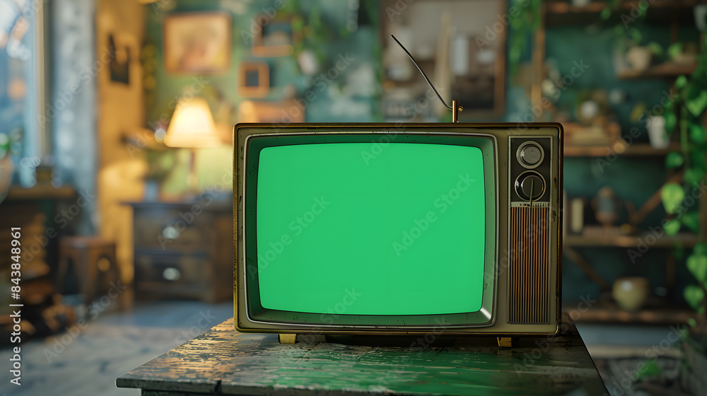 retro box TV with green screen mock-up on the table. Vintage television ...