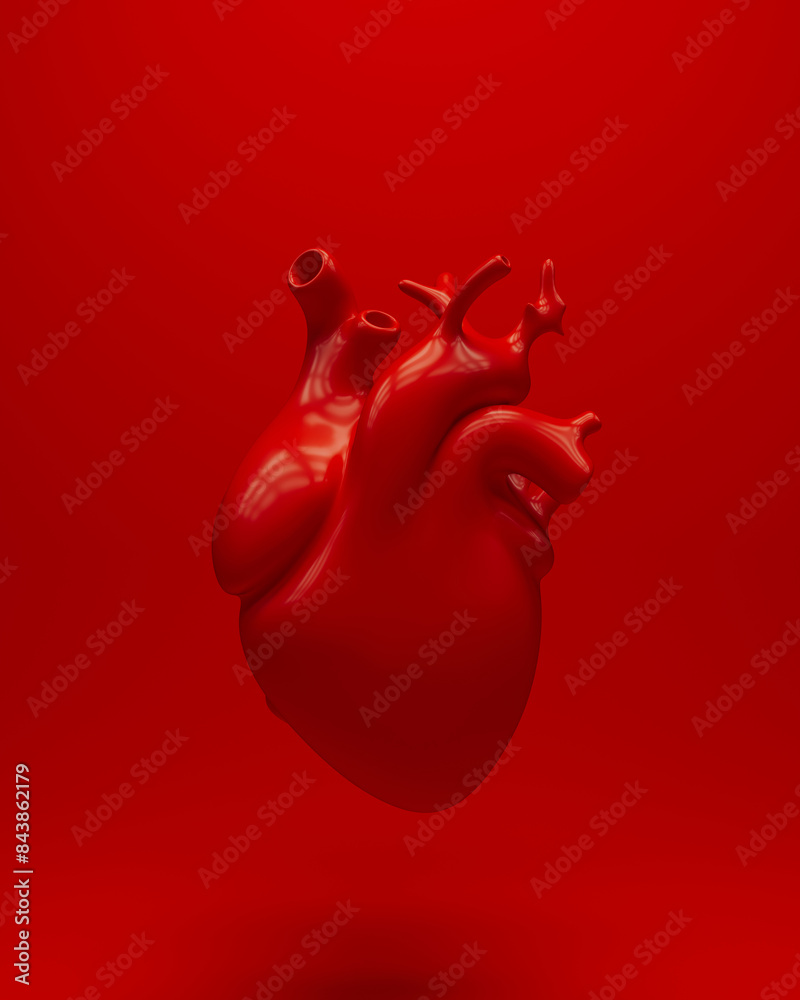 Red heart human anatomical organ internal biology model red background ...