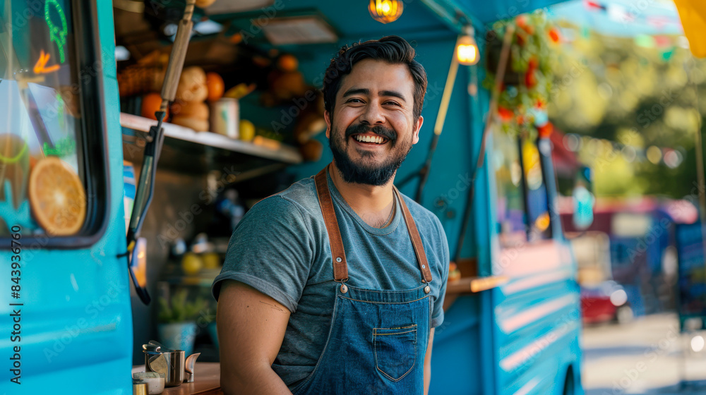 Happy chef or seller standing at food truck. Small business owner ...