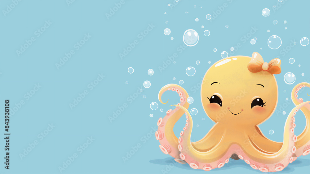Illustration of charming smiling yellow baby girl Octopus with ribbon ...