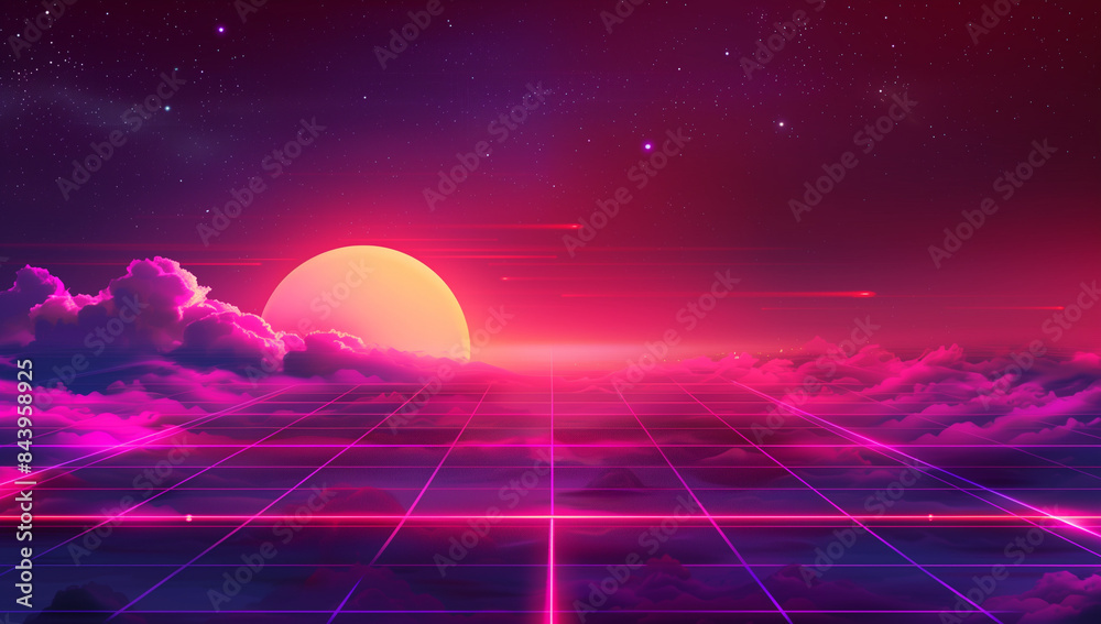 Synthwave landscape with neon grid, clouds, and sunset, 80's retrowave ...