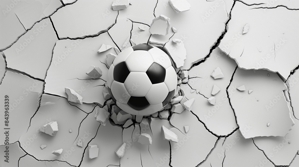 Soccer ball embedded in a white wall, cracks from impact visible, ball ...