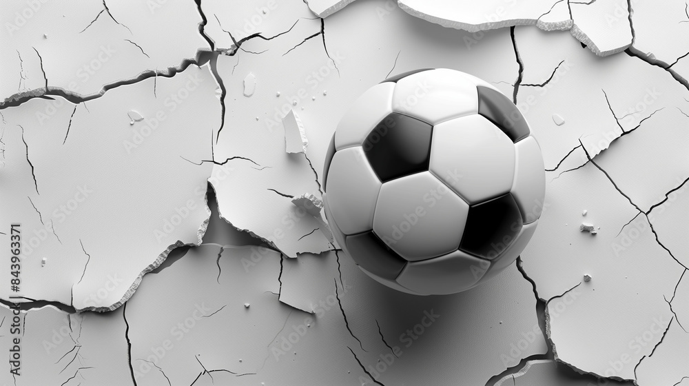 Soccer ball embedded in a white wall, cracks from impact visible, ball ...