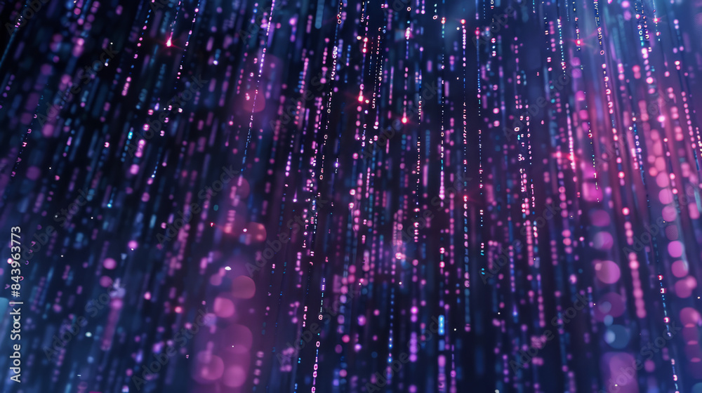 abstract digital representation of binary code in purple hues, cascading down like rain. The ...