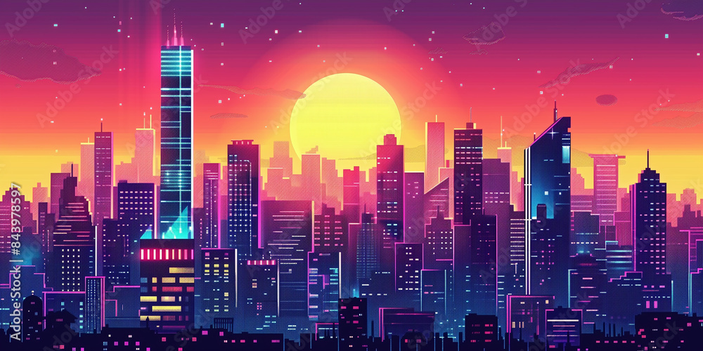 Pixel art retro wave. panorama of big city. wide banner. Space for text ...