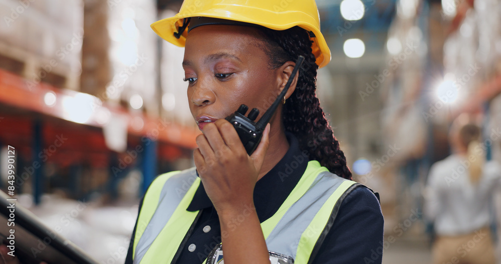 Logistics, woman and radio in warehouse for communication, stock and ...