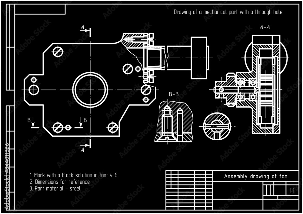 Assembly drawing of fan. Vector drawing of steel cast mechanical part ...