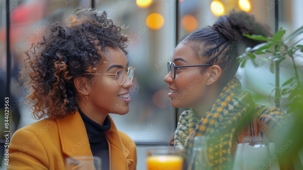 Two women having a friendly conversation at a café, both wearing ...
