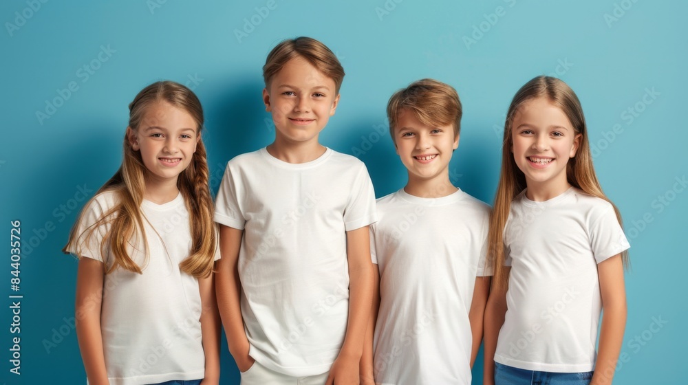 A group of four children, two boys and two girls, are standing in front ...