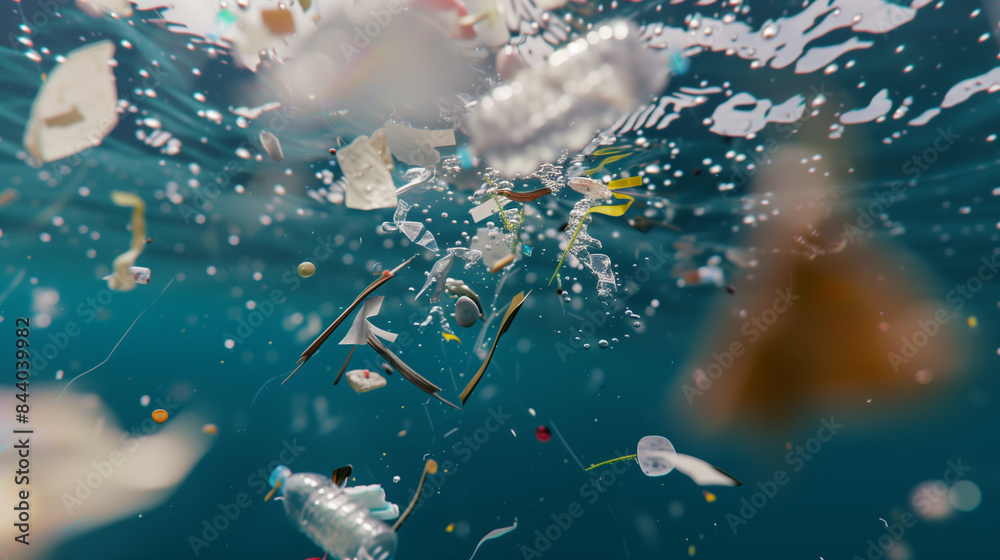 microplastics in the ocean. plastic pollution harming health. Stock ...