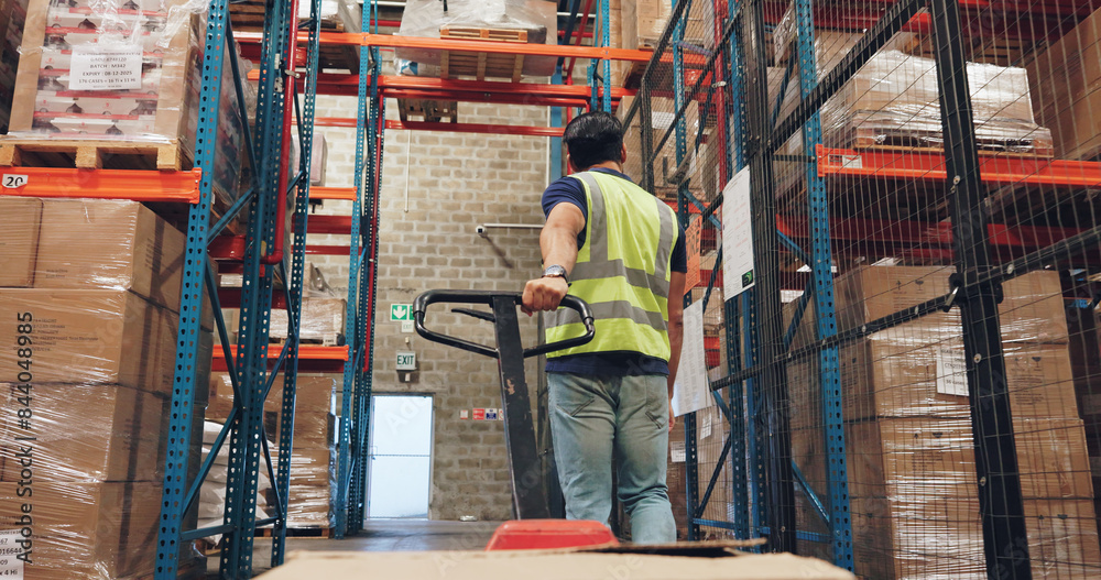 Pallet truck, man and box in warehouse with transport, safety and ...