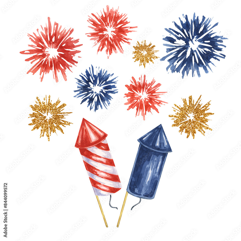 Fourth of July banner. Red, Blue firecrackers and fireworks bursts ...