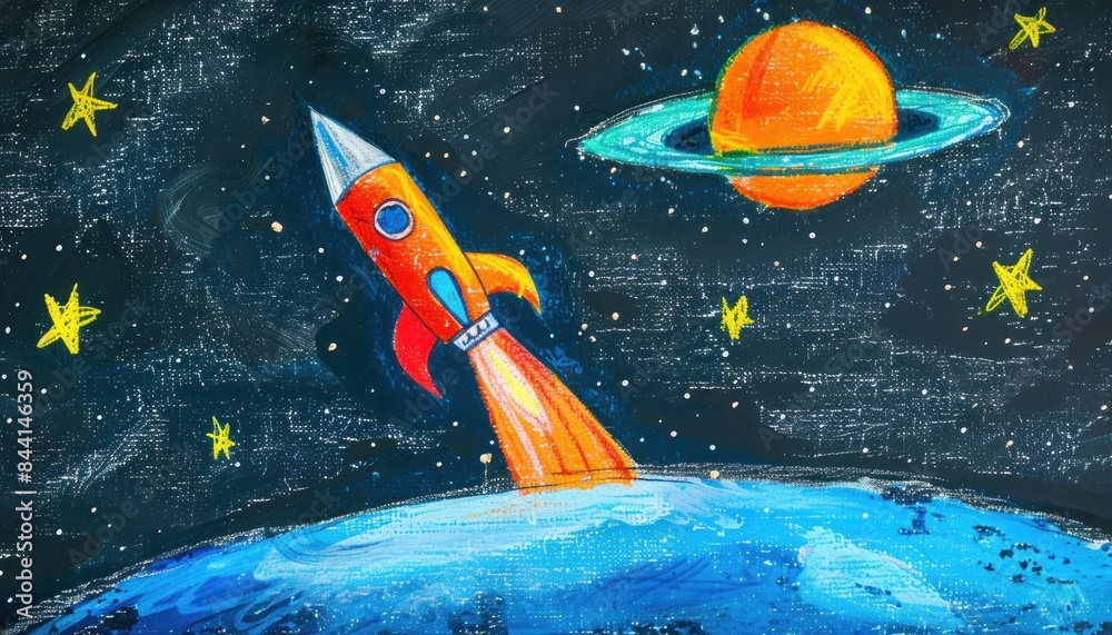 child's simple crayon drawing of a rocket blasting off from earth Stock ...