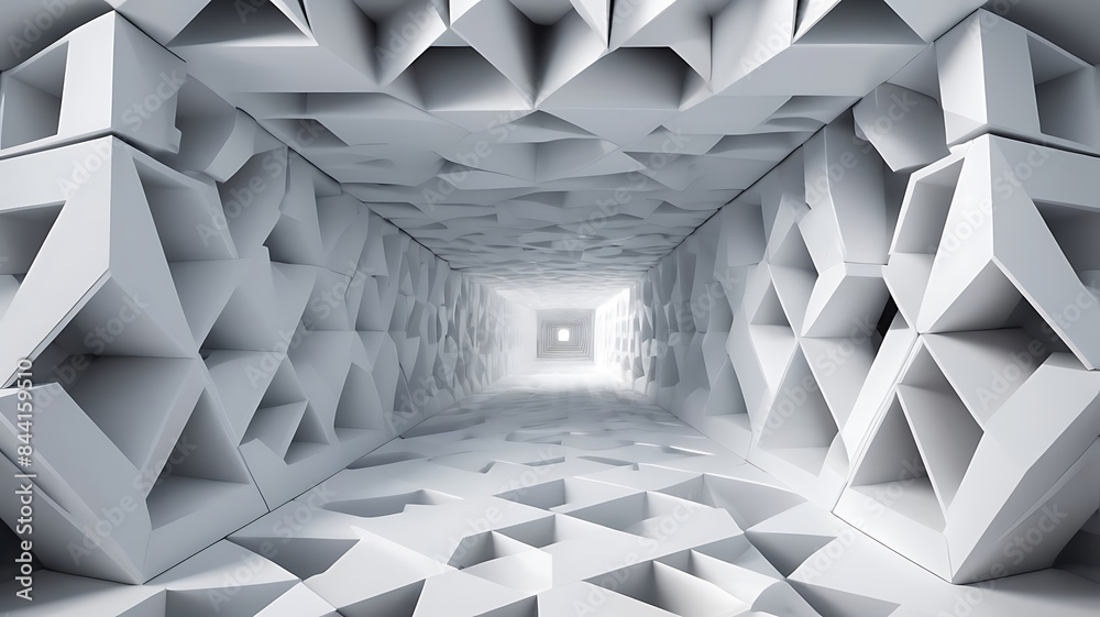 Abstract white geometric tunnel with twisting cubes and inverse patterns, creating a complex ...