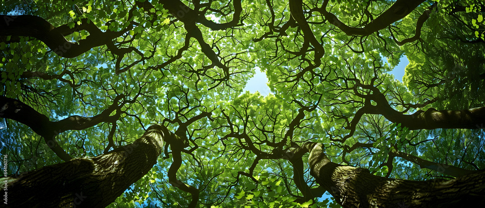 Ground-level perspective of a forest with trees showing crown shyness ...
