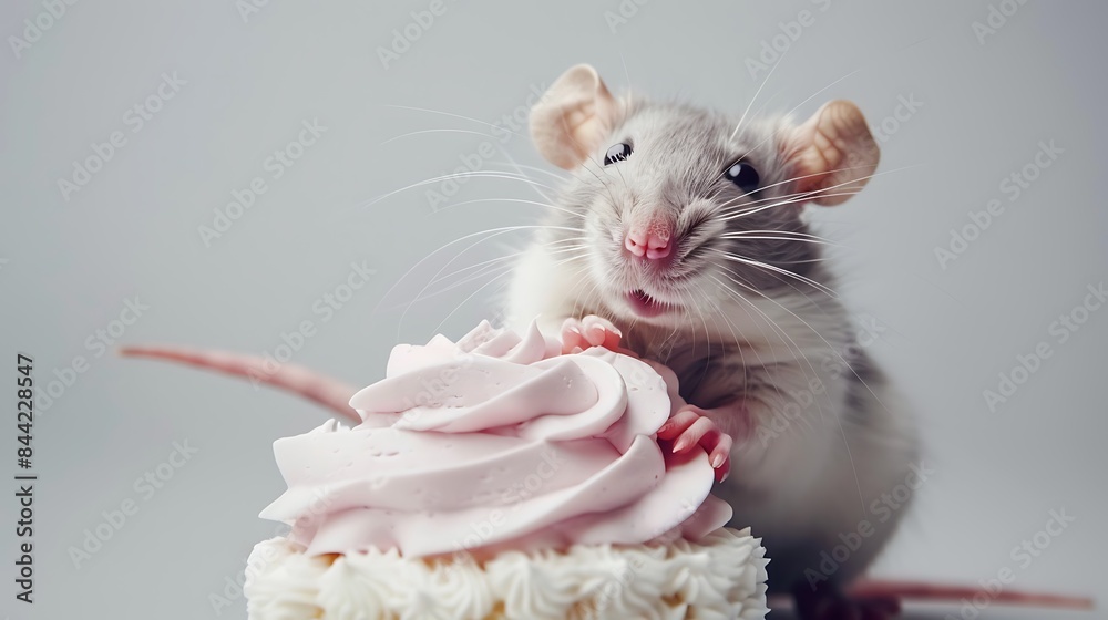 Cute smiling fancy pet rat and festive cake with soft pink cream swirl ...