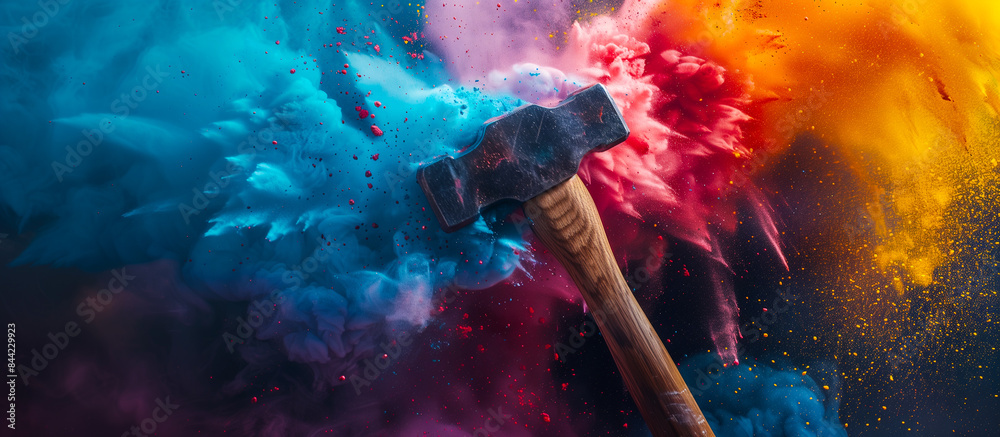 Sledgehammer in a colorful cloud of construction dust. Powerful ...