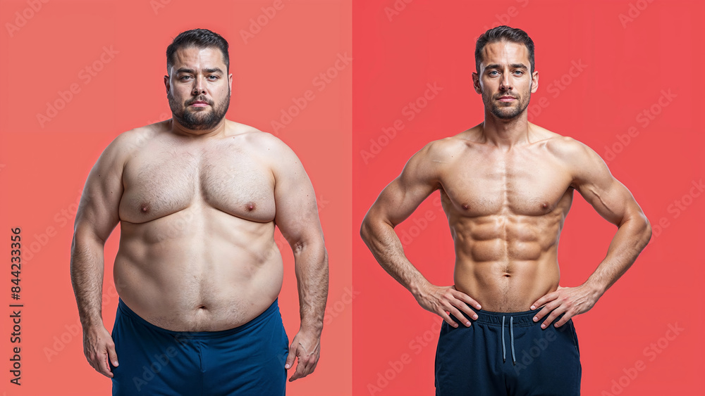 A man poses before and after weight loss. Diet and healthy nutrition ...