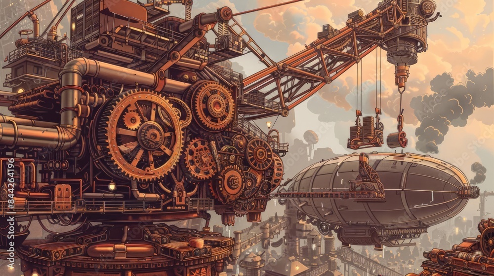 Steampunk-themed crane driver operating an elaborate steam-powered ...