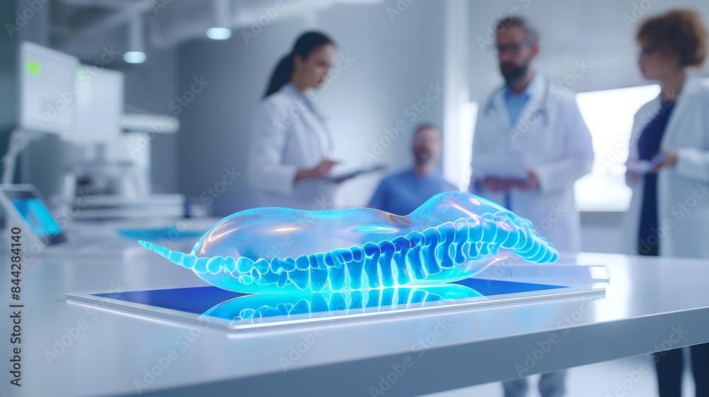 Person is interacting with a futuristic medical interface displaying ...