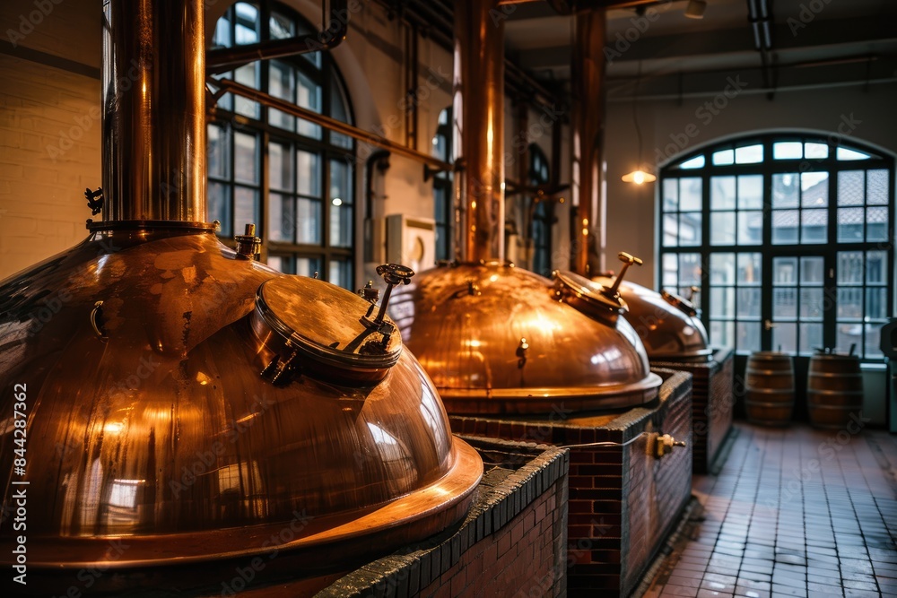 Copper kettles for brewing beer in a large, bright room. Traditional ...