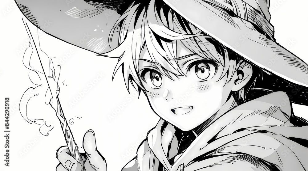 Wizard boy, magical Manga line art black and white Anime style ...