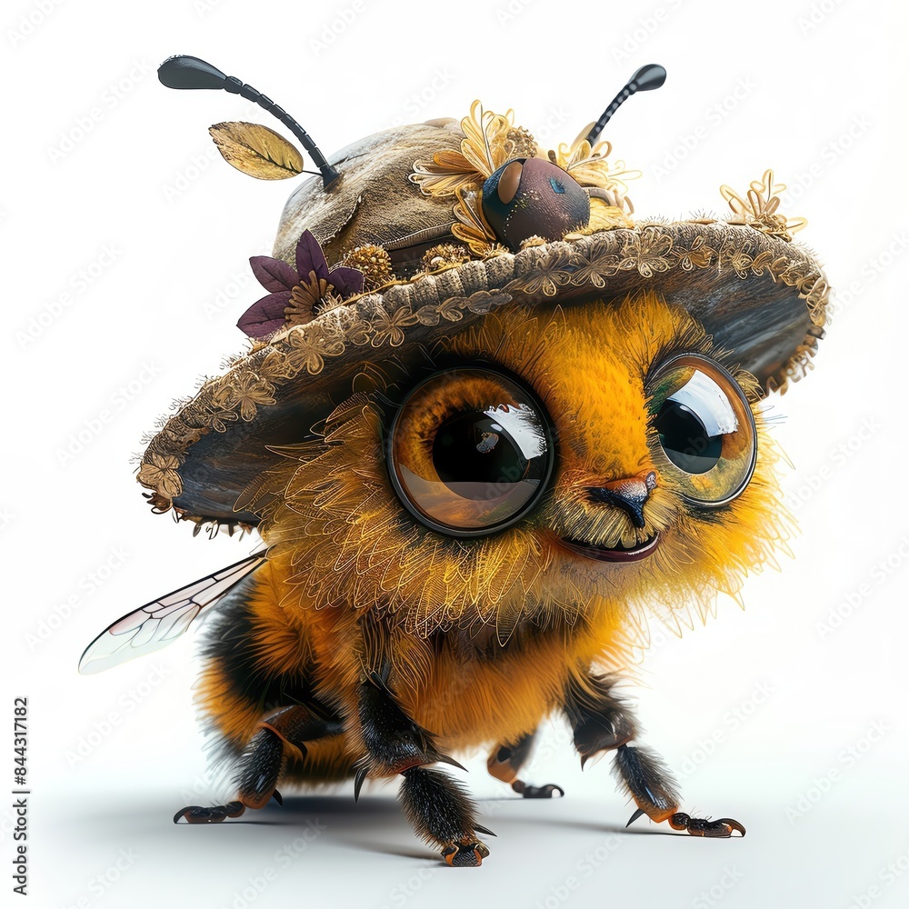 A cute chubby bee, with quirky movements, bending its body, wearing a ...
