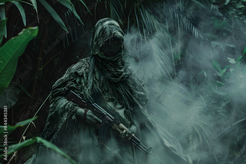 Camouflaged military sniper in dense jungle foliage, blending ...