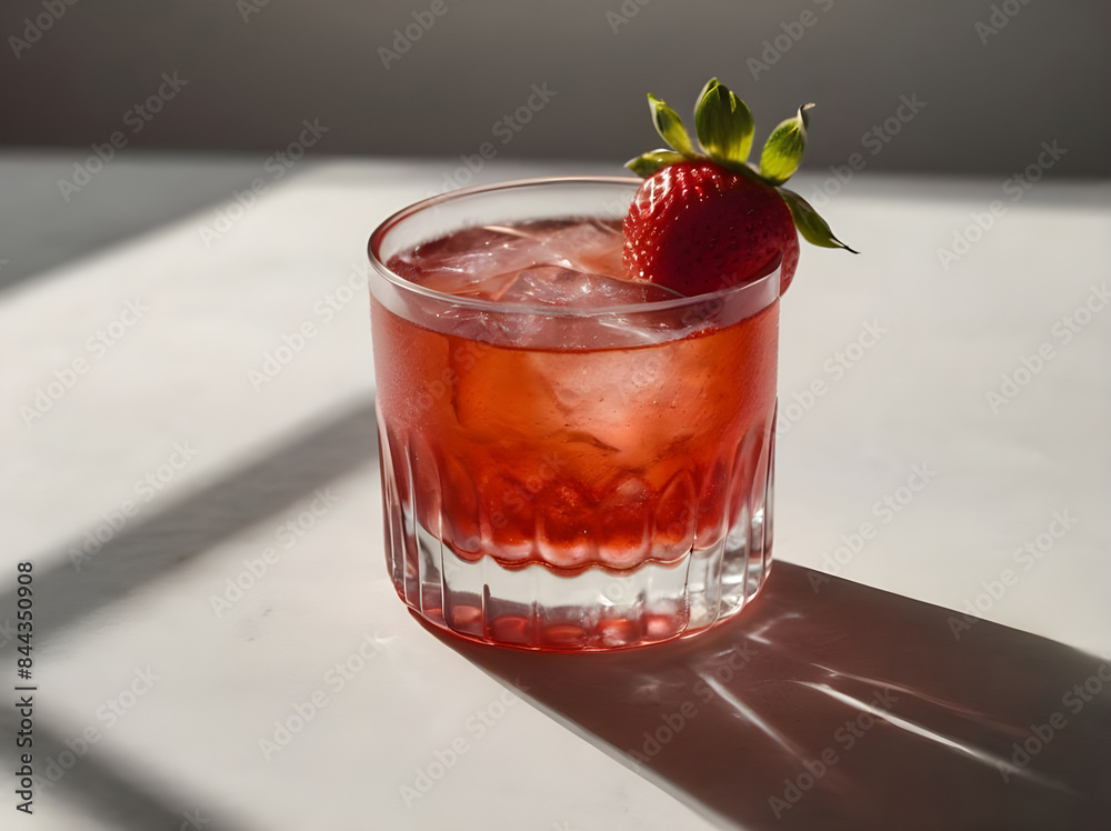 Strawberry alcoholic cocktail on white background with shadows. Summer ...