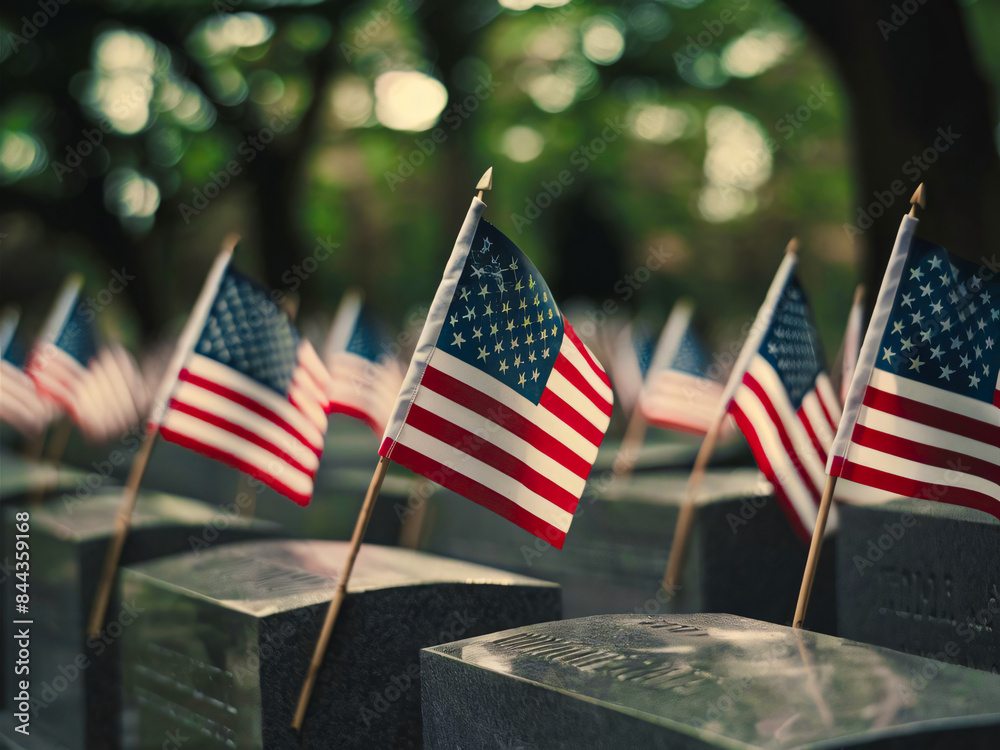 Small American flags and headstones at National cemetary Memorial Day ...